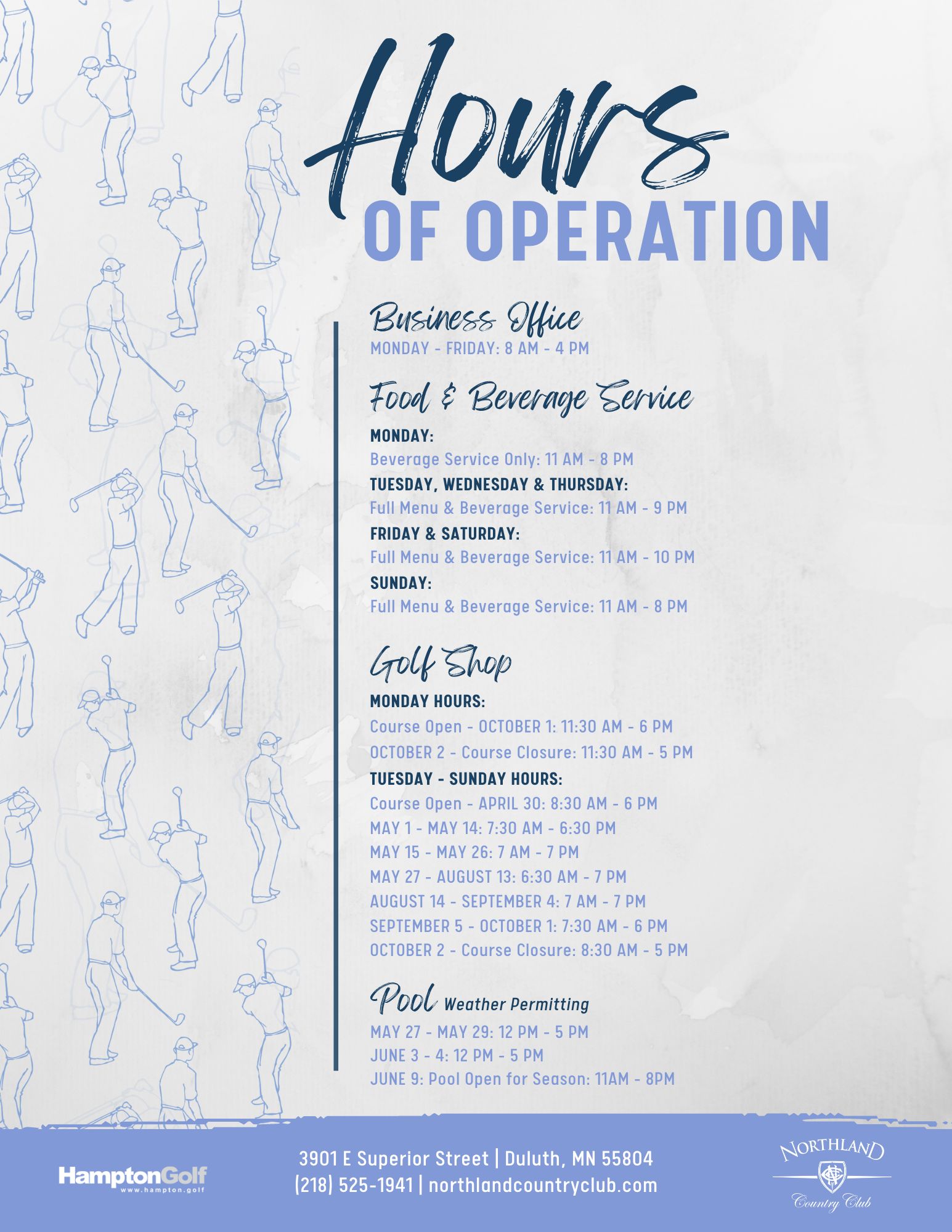 Contact Us | Northland Country Club Hours of Operation